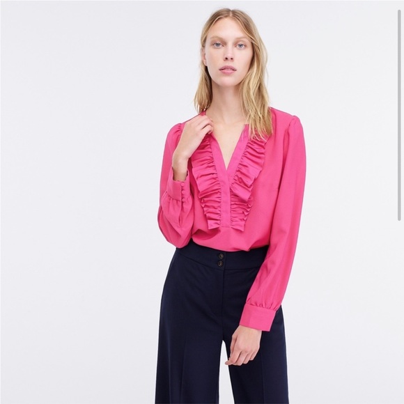 J. Crew | Tops | Longsleeve Rufflefront Top In Satin Crepe | Poshmark
